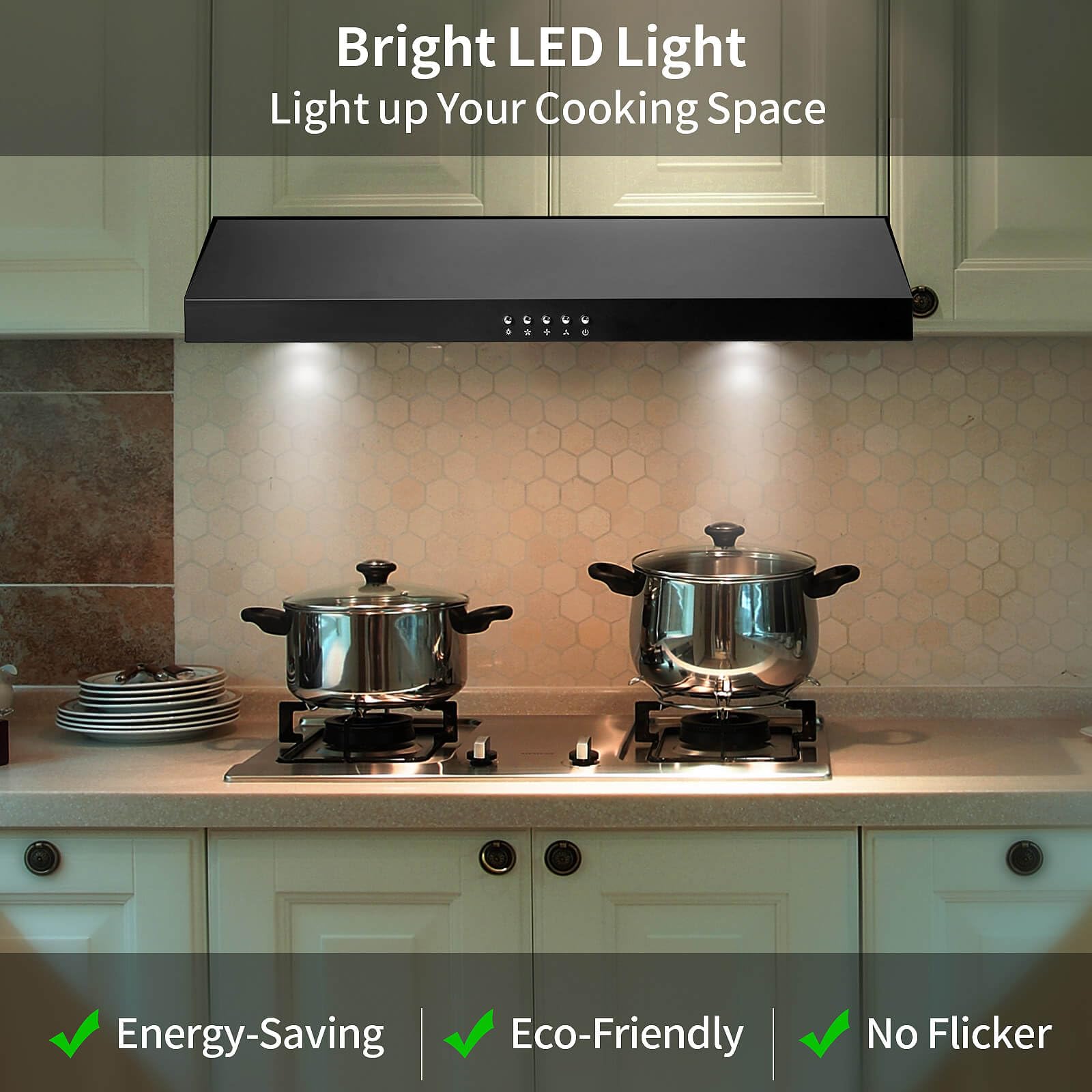 SNDOAS Range Hood 30 inch Under Cabinet,Black Range Hood with 500 CFM,Ductless Range Hood Black,Stainless Steel Kitchen Vent Hood 30 inch with 3 Way Venting,Baffle Filters,LED Lights