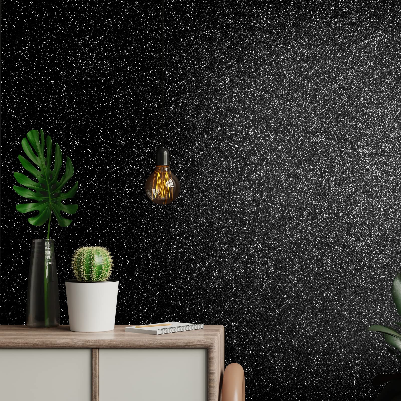 VEELIKE Black Glitter Wallpaper 15.7''x118'' Peel and Stick Sparkly Glitter Black Contact Paper Decorative Self Adhesive Removable Glitter Fabric Wall Paper Roll for Bedroom Wall Decor Cabinets