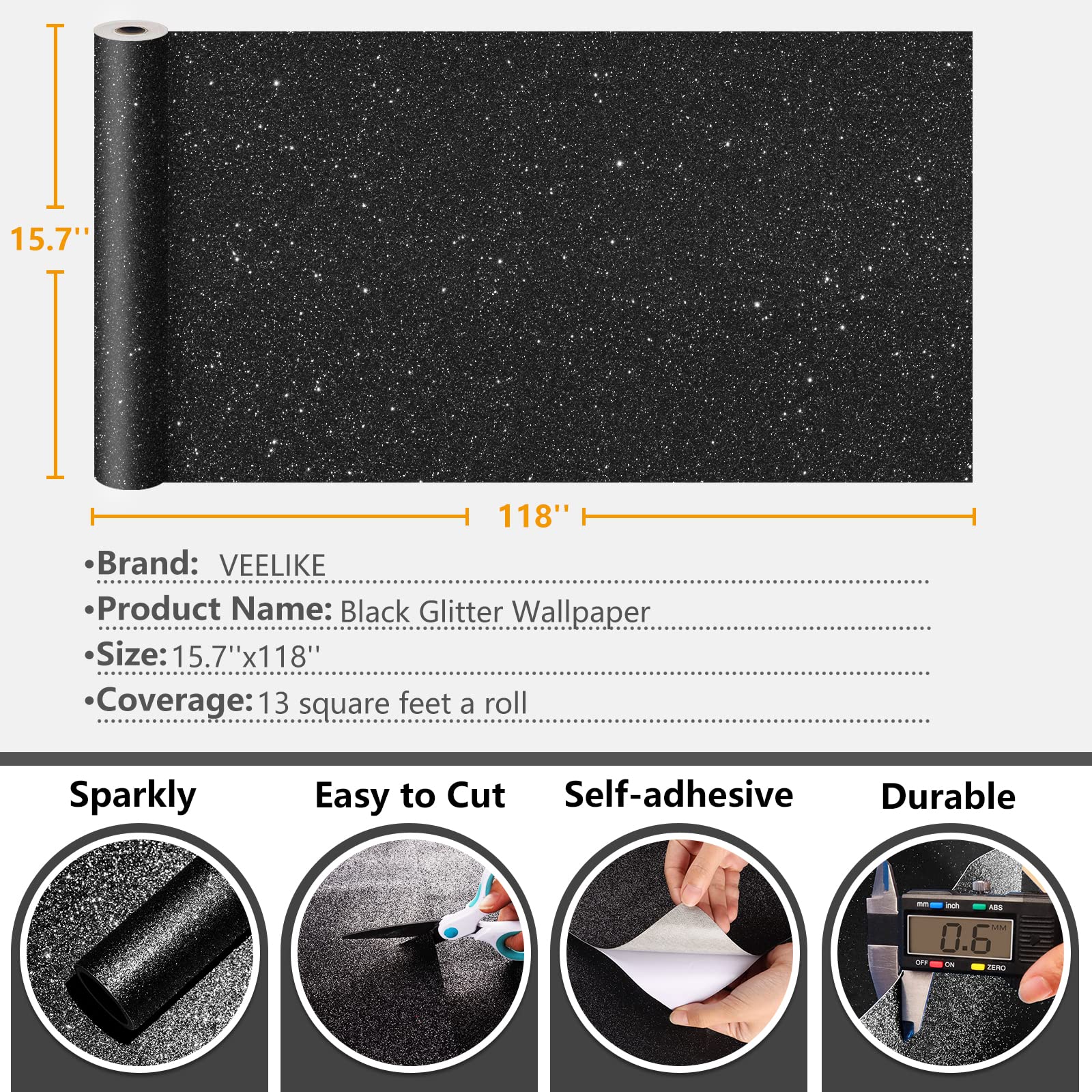VEELIKE Black Glitter Wallpaper 15.7''x118'' Peel and Stick Sparkly Glitter Black Contact Paper Decorative Self Adhesive Removable Glitter Fabric Wall Paper Roll for Bedroom Wall Decor Cabinets