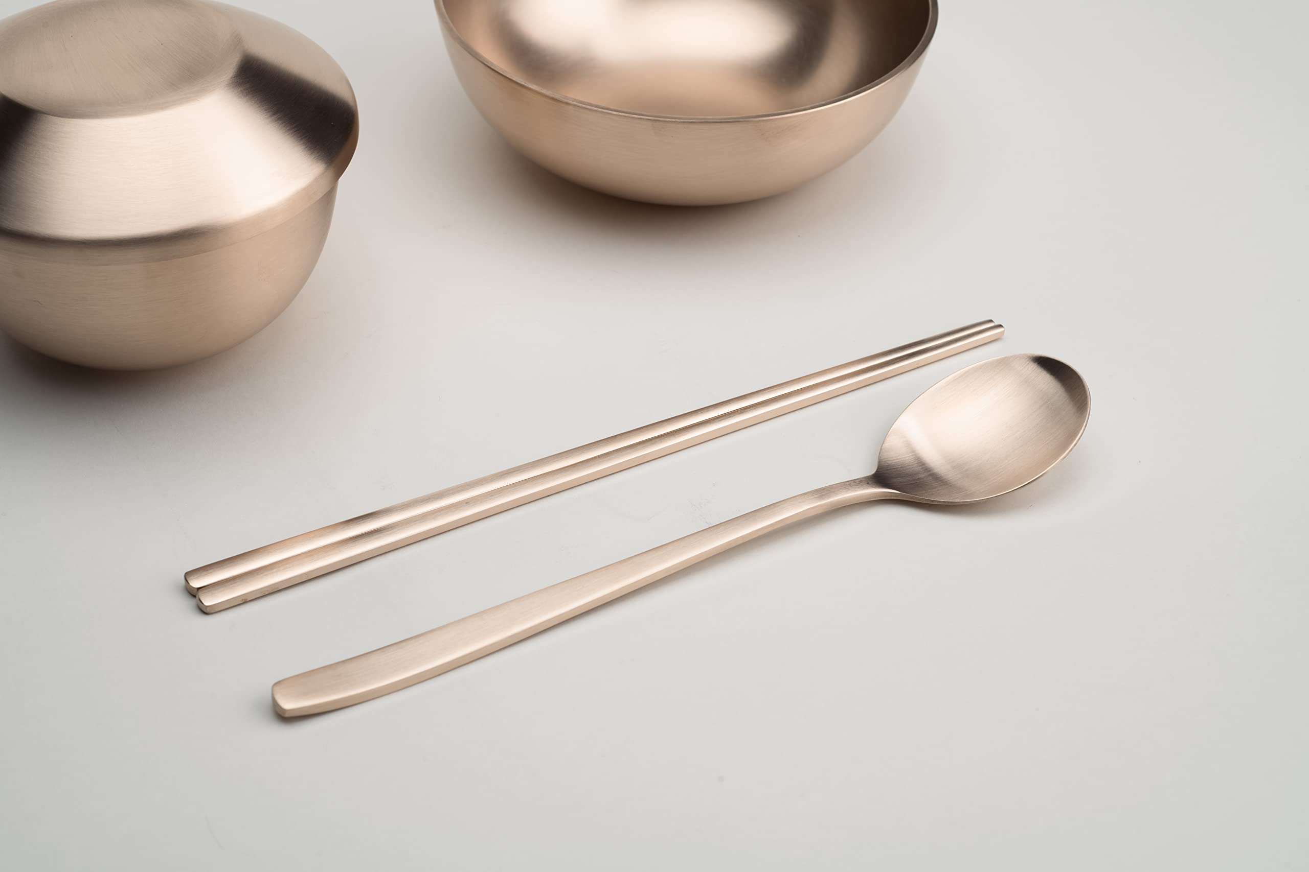 NotBiChae Premium Brassware Cutlery Spoon Chopsticks Set Korean Traditional Handmade Tableware BANGJJA YUGI with Gift Box 한국 유기 (Round Shape Set)