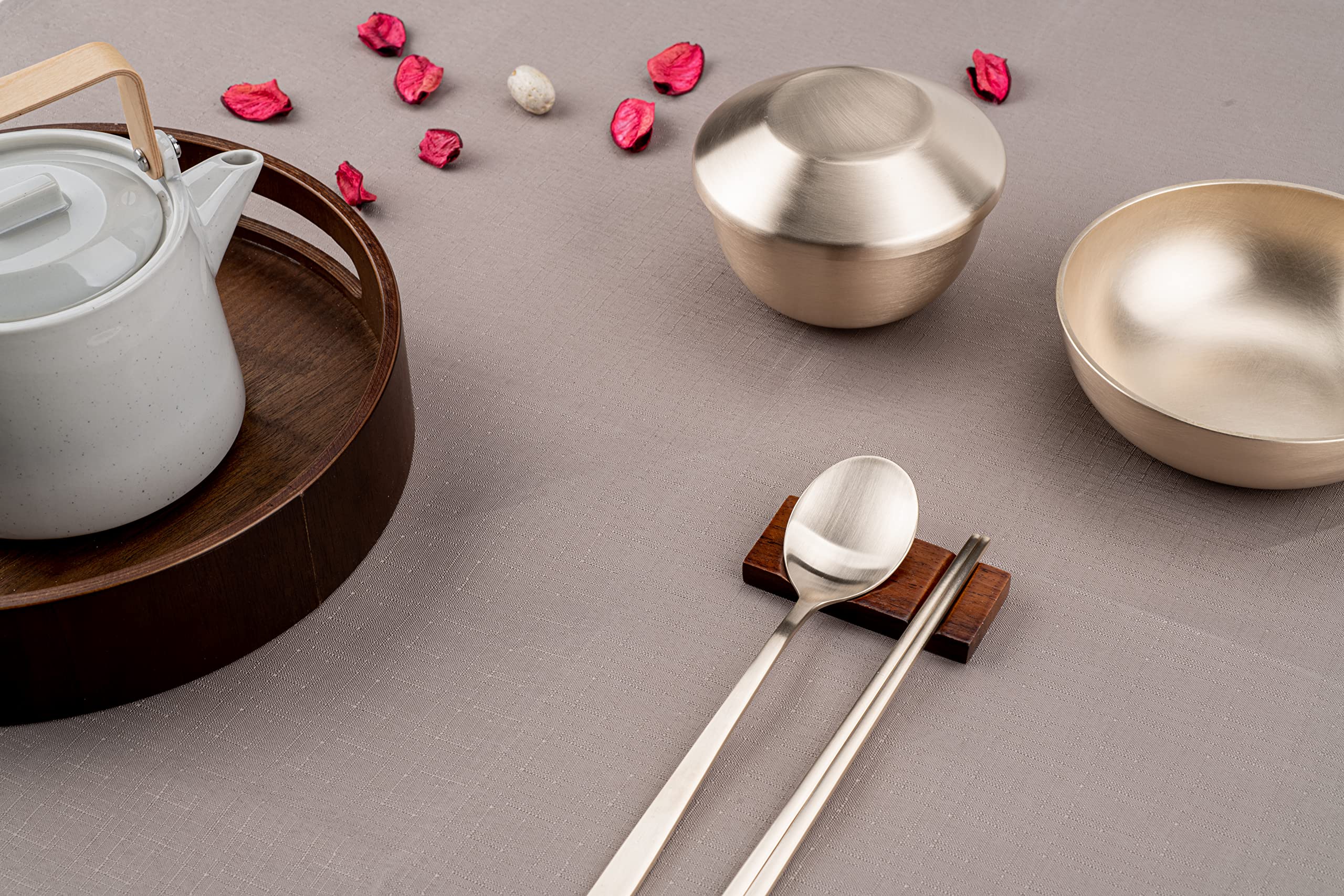 NotBiChae Premium Brassware Cutlery Spoon Chopsticks Set Korean Traditional Handmade Tableware BANGJJA YUGI with Gift Box 한국 유기 (Round Shape Set)