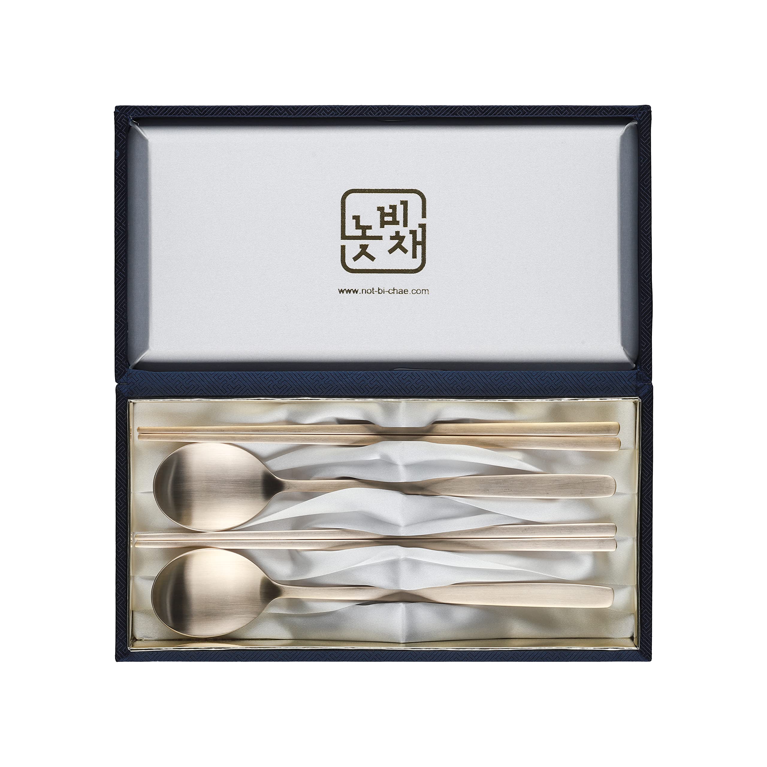 NotBiChae Premium Brassware Cutlery Spoon Chopsticks Set Korean Traditional Handmade Tableware BANGJJA YUGI with Gift Box 한국 유기 (Round Shape Set)