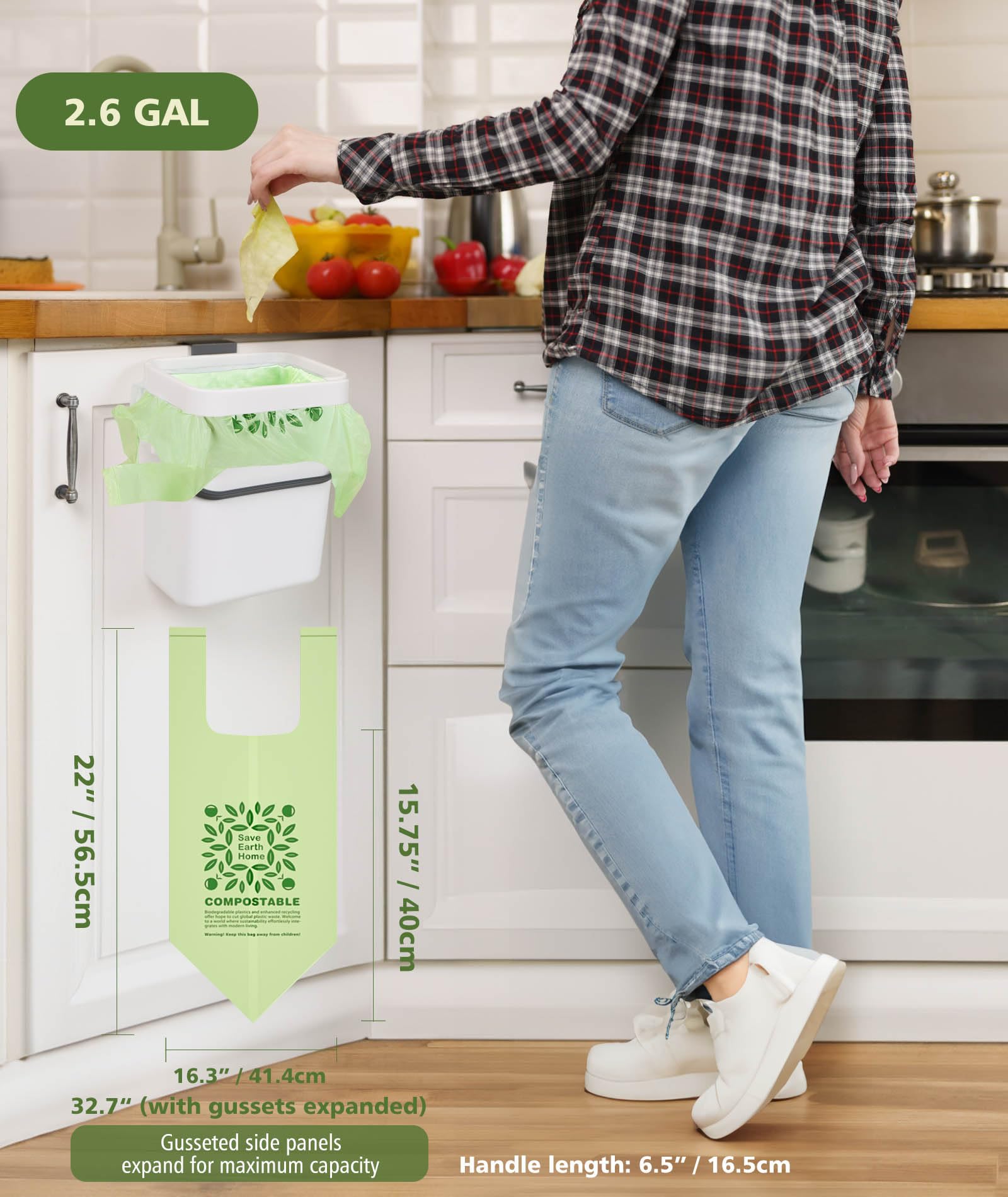 AYOTEE 125 Count 2.6 Gallon Compostable Small Trash Bags with Handles, 15 Ounce Capacity, Ideal for Kitchen, Office, Bathroom, and More