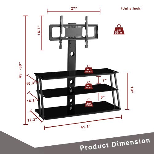 Tansole Swivel Floor TV Stand Height Adjustable Bracket Entertainment Stand for 32 to 65 Flat or Curved Screen Multi-Function TV Stand | 3-Tier BlackTempered Glass Multi-Function TV Stand