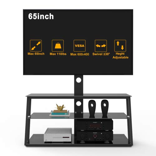 Tansole Swivel Floor TV Stand Height Adjustable Bracket Entertainment Stand for 32 to 65 Flat or Curved Screen Multi-Function TV Stand | 3-Tier BlackTempered Glass Multi-Function TV Stand