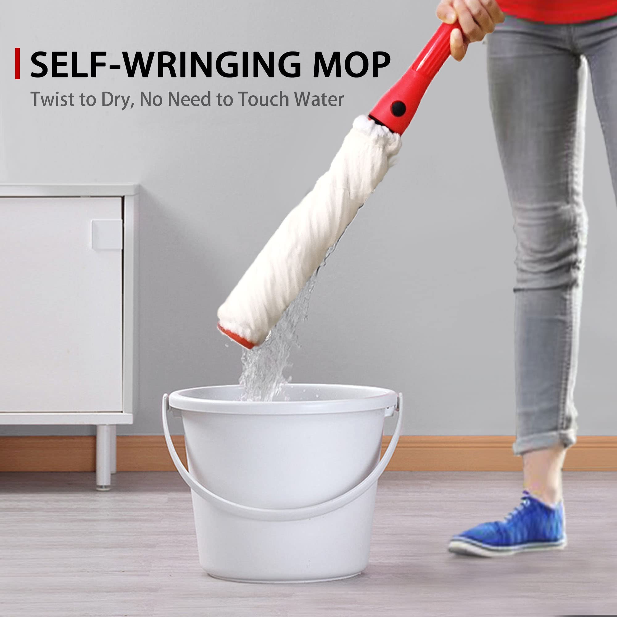 Self Wringing Mop with 2 Washable Heads, JEHONN Wet Mop for Floor Cleaning Heavy Duty, Upgraded 57.5 inches Long Handle Twist Mop for Hardwood Vinyl Tile Marble Laminate Home Office Kitchen (Red)