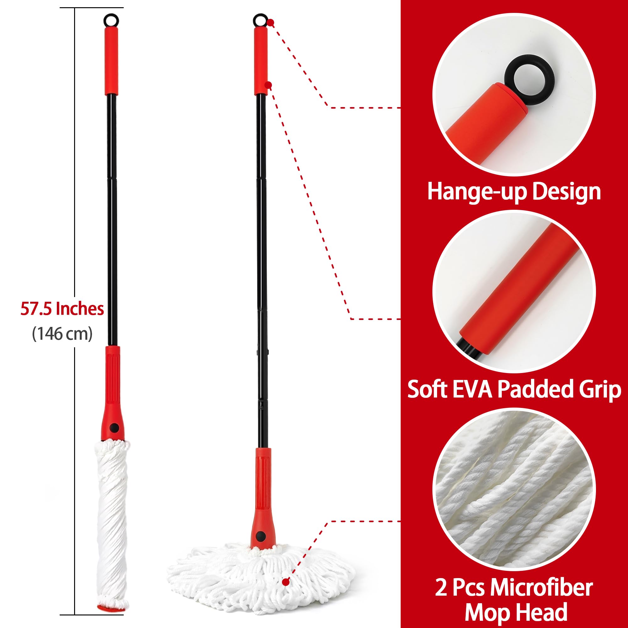 Self Wringing Mop with 2 Washable Heads, JEHONN Wet Mop for Floor Cleaning Heavy Duty, Upgraded 57.5 inches Long Handle Twist Mop for Hardwood Vinyl Tile Marble Laminate Home Office Kitchen (Red)