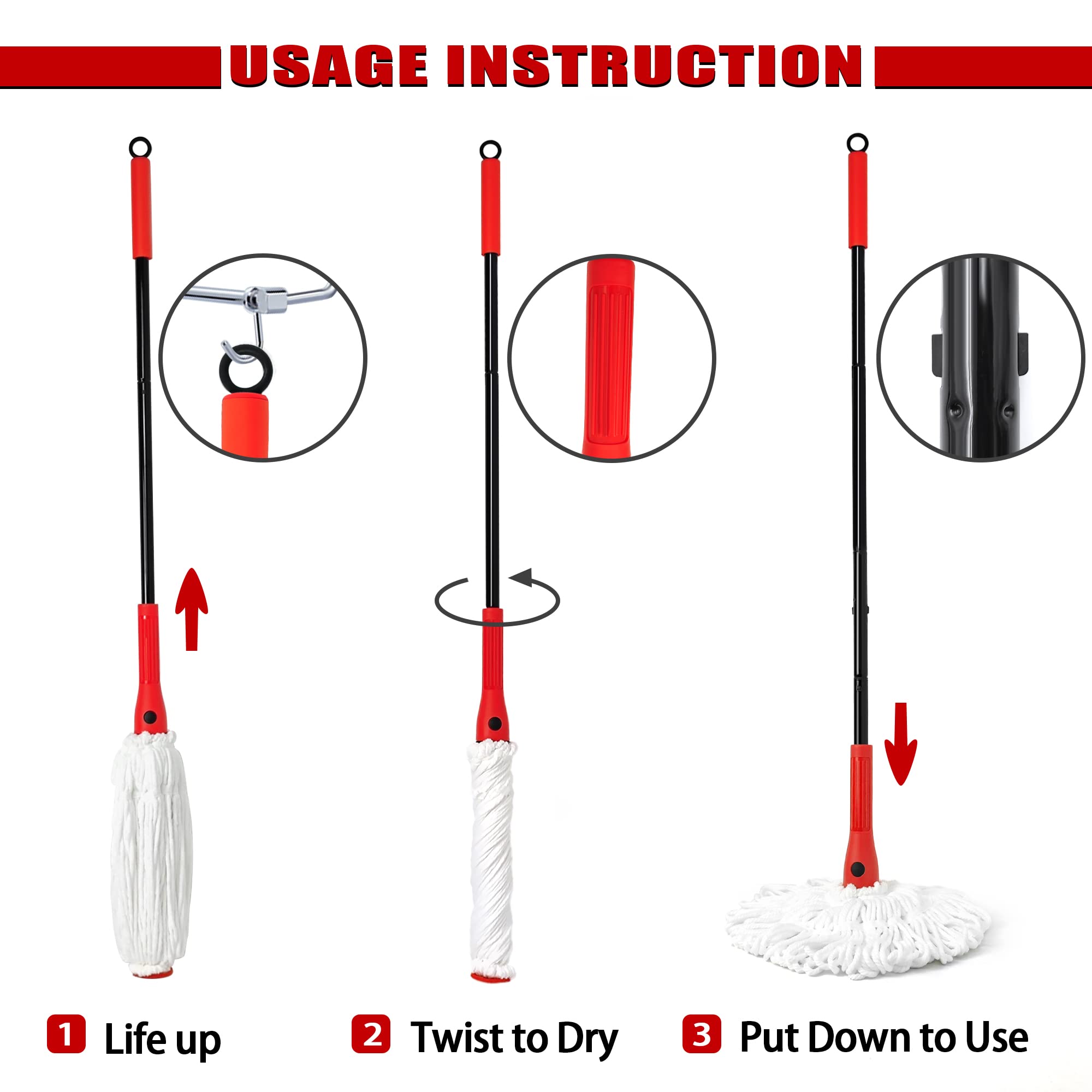 Self Wringing Mop with 2 Washable Heads, JEHONN Wet Mop for Floor Cleaning Heavy Duty, Upgraded 57.5 inches Long Handle Twist Mop for Hardwood Vinyl Tile Marble Laminate Home Office Kitchen (Red)