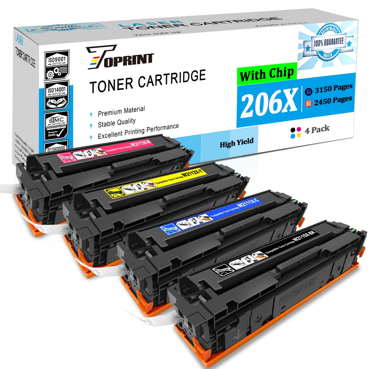 TOPRINT【with Chip 4 Packs 206X Compatible Toner Cartridges W2110X W2111X W2112X W2113X High Yield 3150Pages Black,2450Pages CMY for HP Color Laserjet M255dw M255nw M282nw M283fdw M283fdn M283cdw