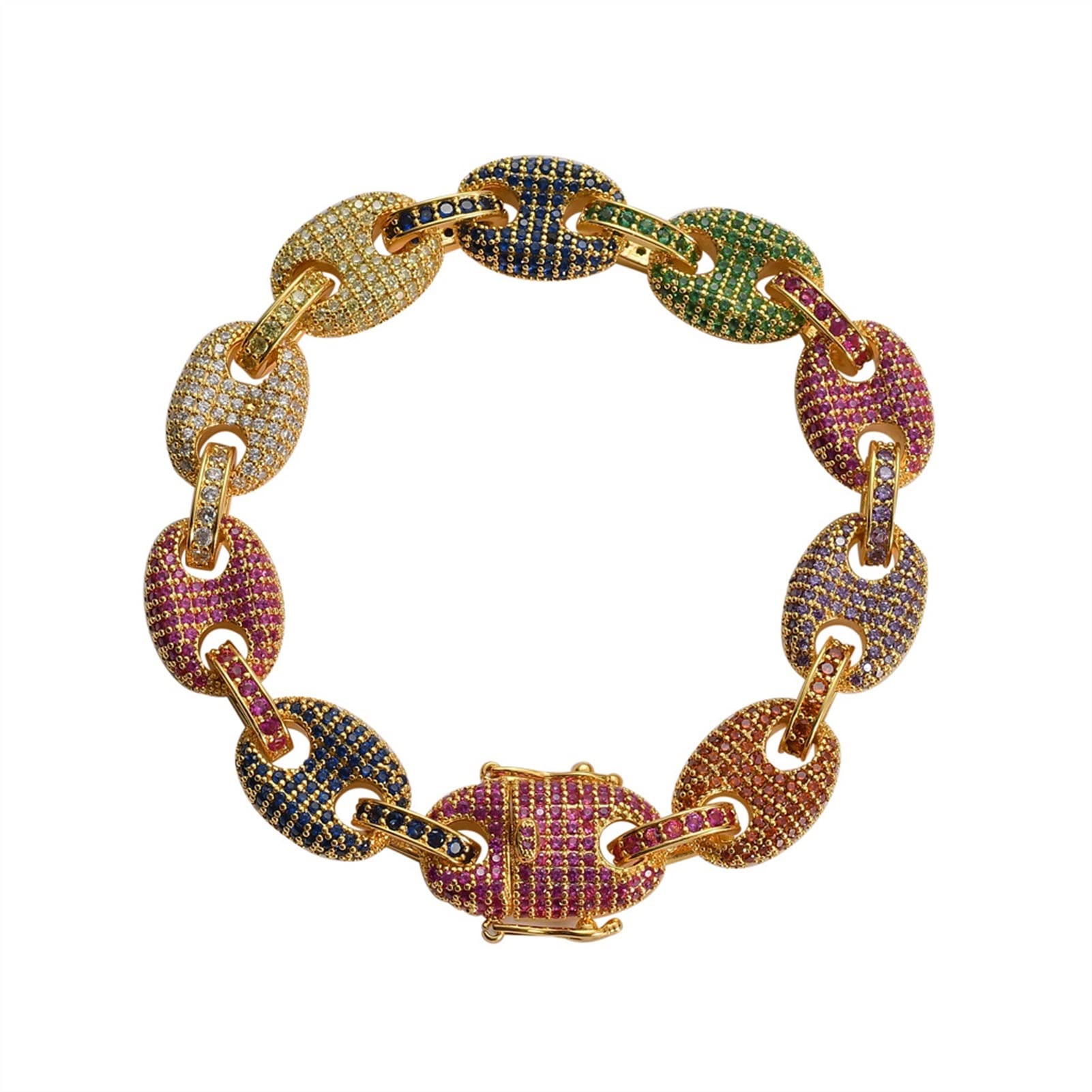 Five Domains Hip hop Hip Hop Bracelet Color Zircon Pig Nose Chain Coffee Bean Chain Real Gold Plated Men's Hip Hop Jigs (Color : Golden8inch)