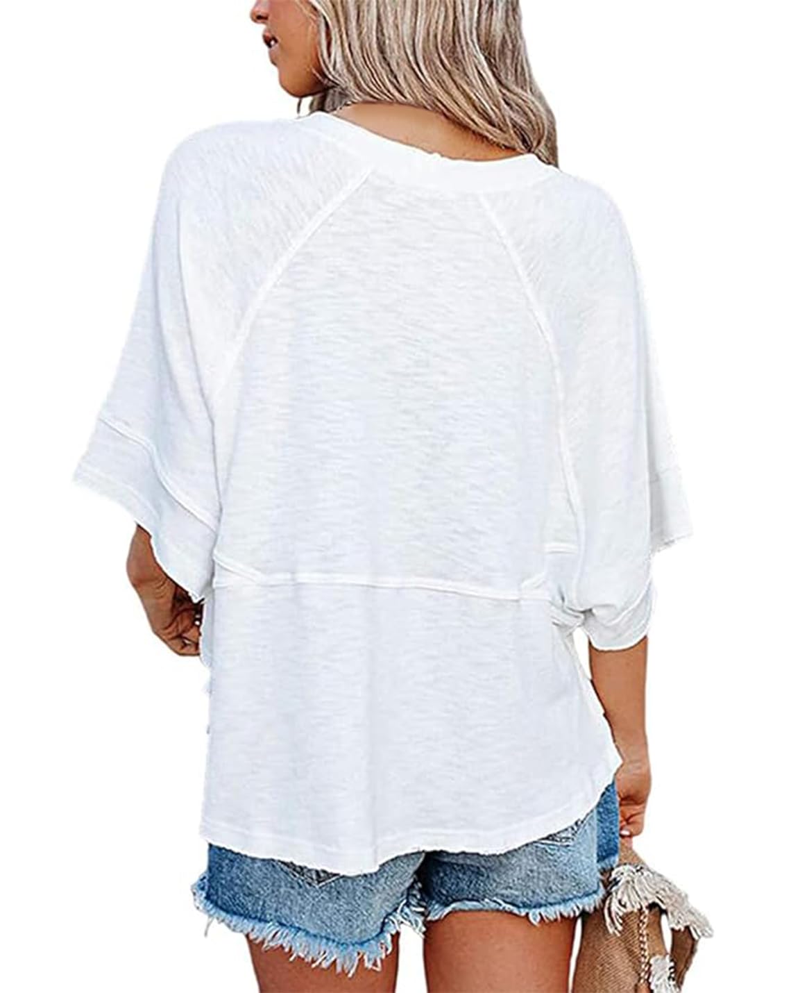 Aisongyuan Womens Fashion T-Shirt Crewneck 3/4 Sleeves Solid Color Loose Basic Tops Summer Casual Tees Blouses(White,XXL)