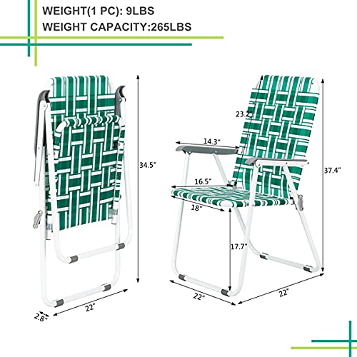 EEBUIHUI Set of 2 Folding Patio Lawn Chairs, Webbed Folding Chair Outdoor Beach Chair High Back Seat Portable Camping Chair for Yard, Garden (Light Green)
