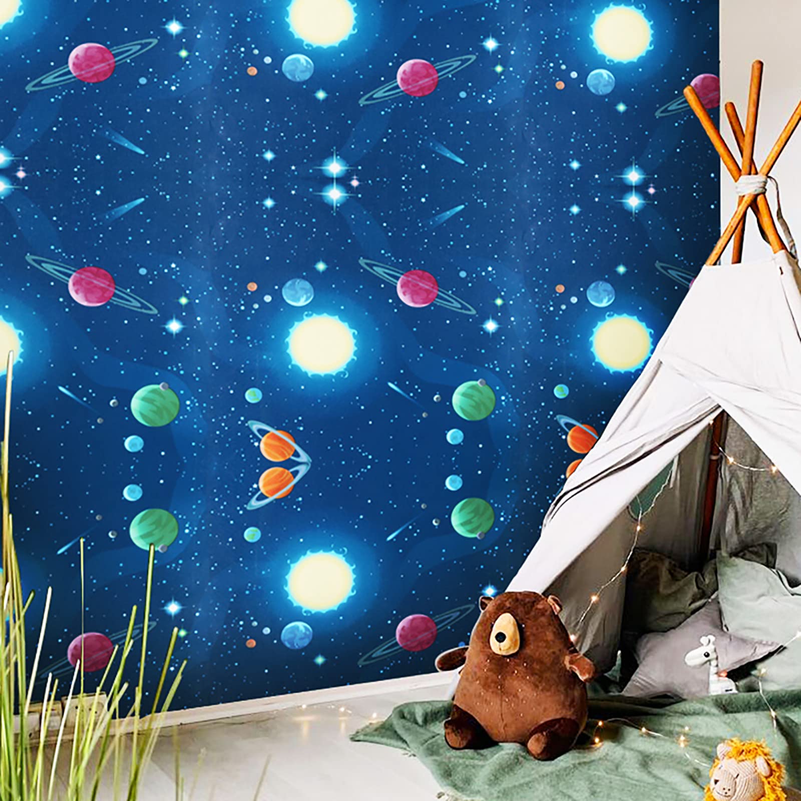 MyFun 11 Yards Solar Planets Wallpaper Peel and Stick, Fantasy Universe Space Design – Removable Contact Wall Paper Decals for Kids' Boy Room, 48.4 Square ft 32.8 Ft X 17.9 inch