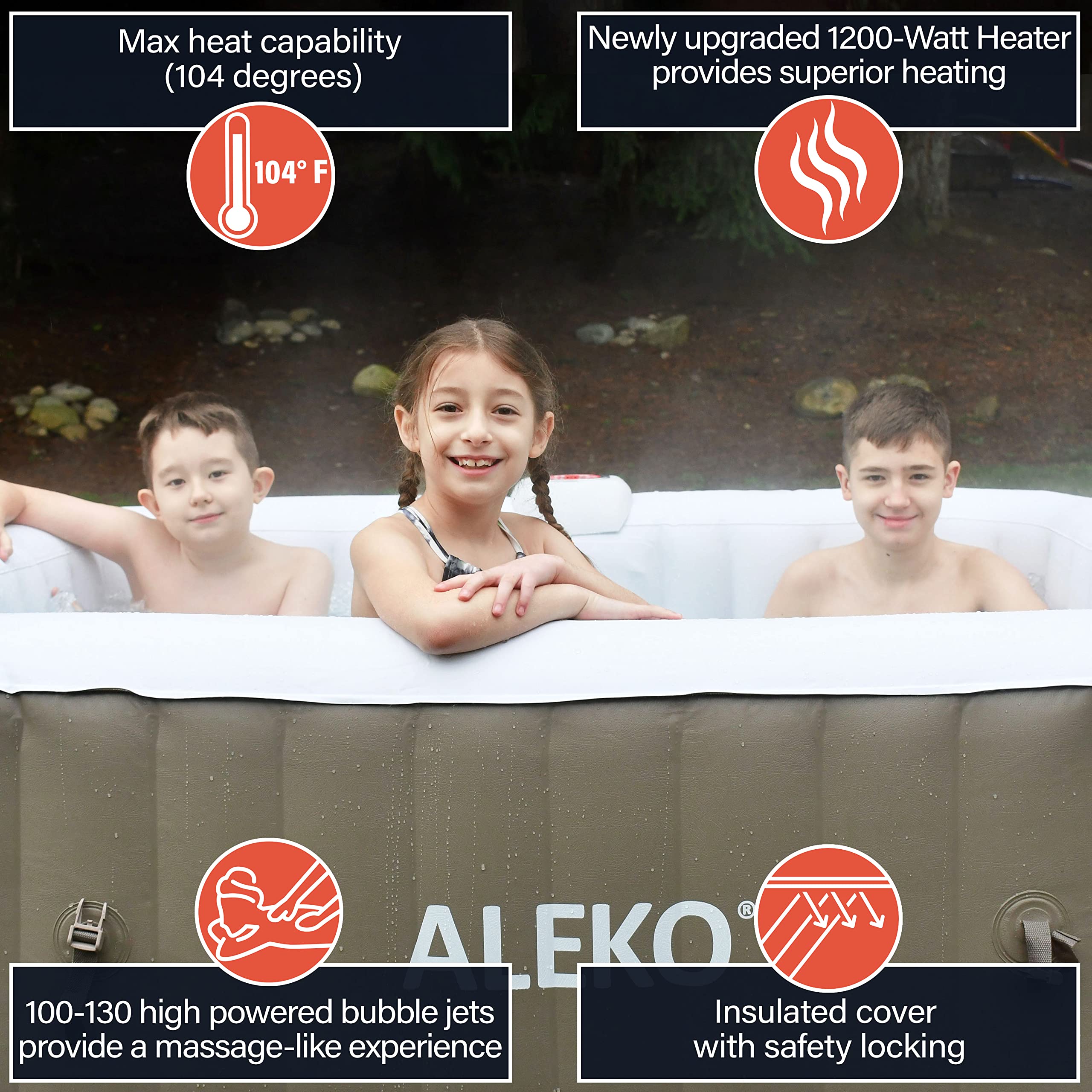 ALEKO Inflatable Hot Tub Spa | Personal High Powered Jetted Bubble | with Fitted Cover and 3 Filters | 160 Gallon | 4 Person Square | Brown | HTISQ4BR