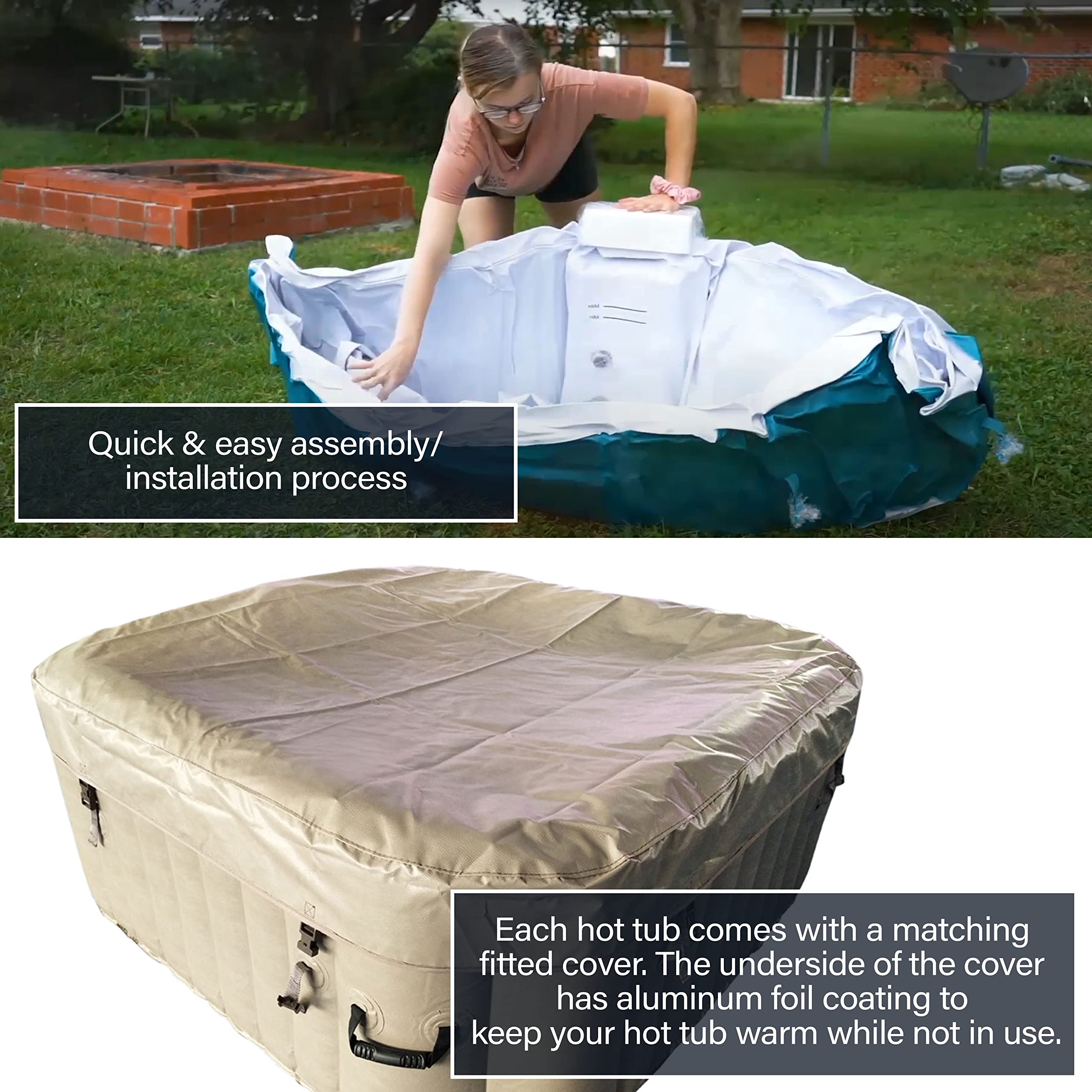 ALEKO Inflatable Hot Tub Spa | Personal High Powered Jetted Bubble | with Fitted Cover and 3 Filters | 160 Gallon | 4 Person Square | Brown | HTISQ4BR
