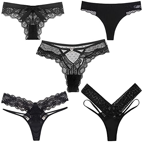 Sexy Black Thong Underwear | Variety 5 Pack | Black Lace | Spandex | Lace Panties | Cheeky Underwear | Valentine's Day | Women's Underwear | Panties for Women | Lingerie for Women Small Black