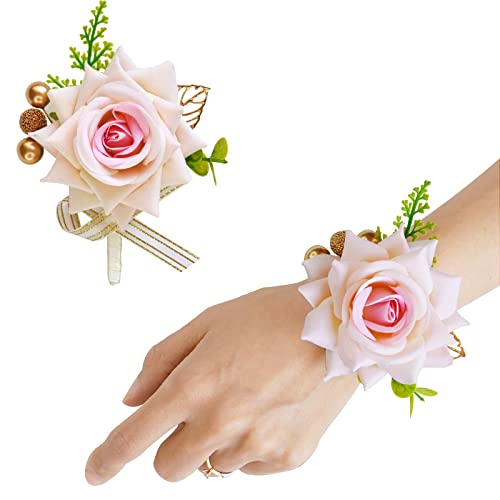 MYQNS Wrist Corsage and Boutonniere Set, Handmade Rose Boutonniere for Men Wedding, Bridal Bridesmaid Hand Flower Corsage Wristlet for Wedding Flowers Accessories Prom Suit Decor