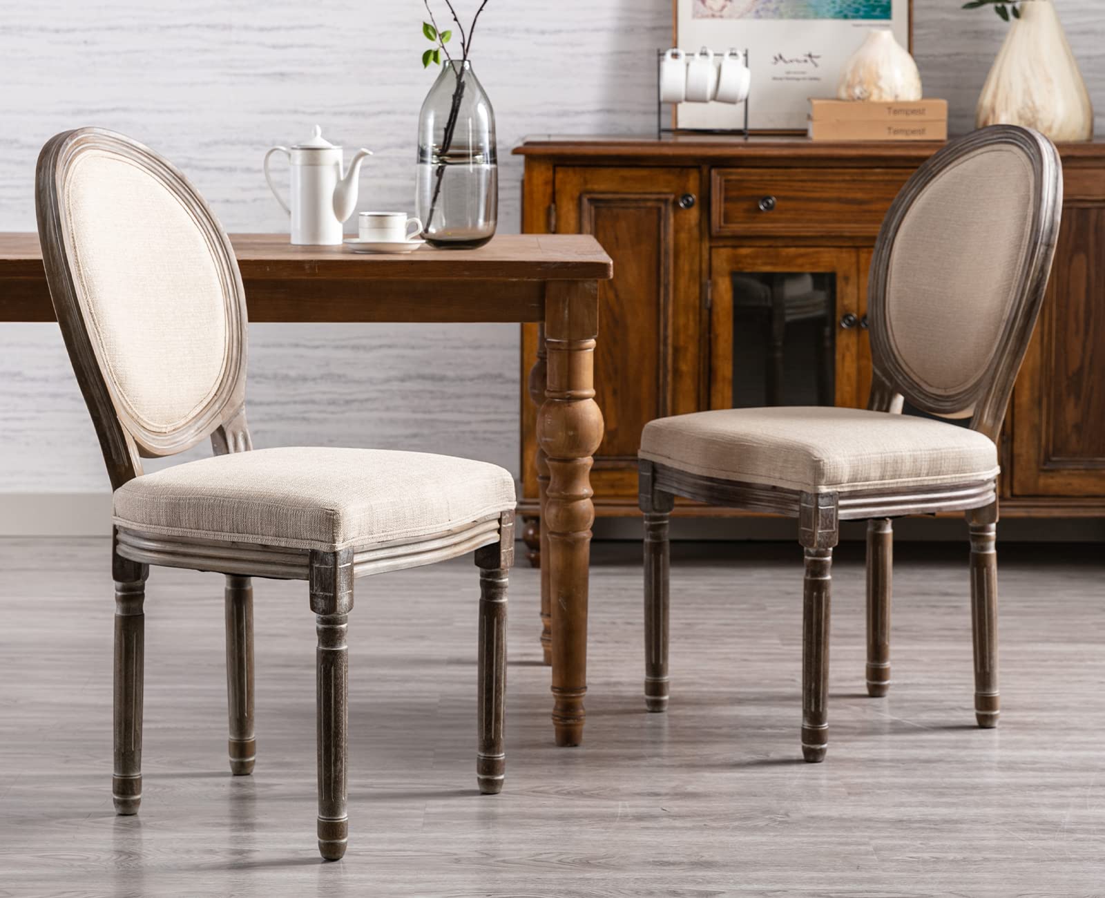 Kmax Farmhouse Dining Room Chairs, Brown Wood Legs Elegant Tufted Kitchen Chairs, French Distressed Bedroom Chairs with Round Back, Set of 8, Beige