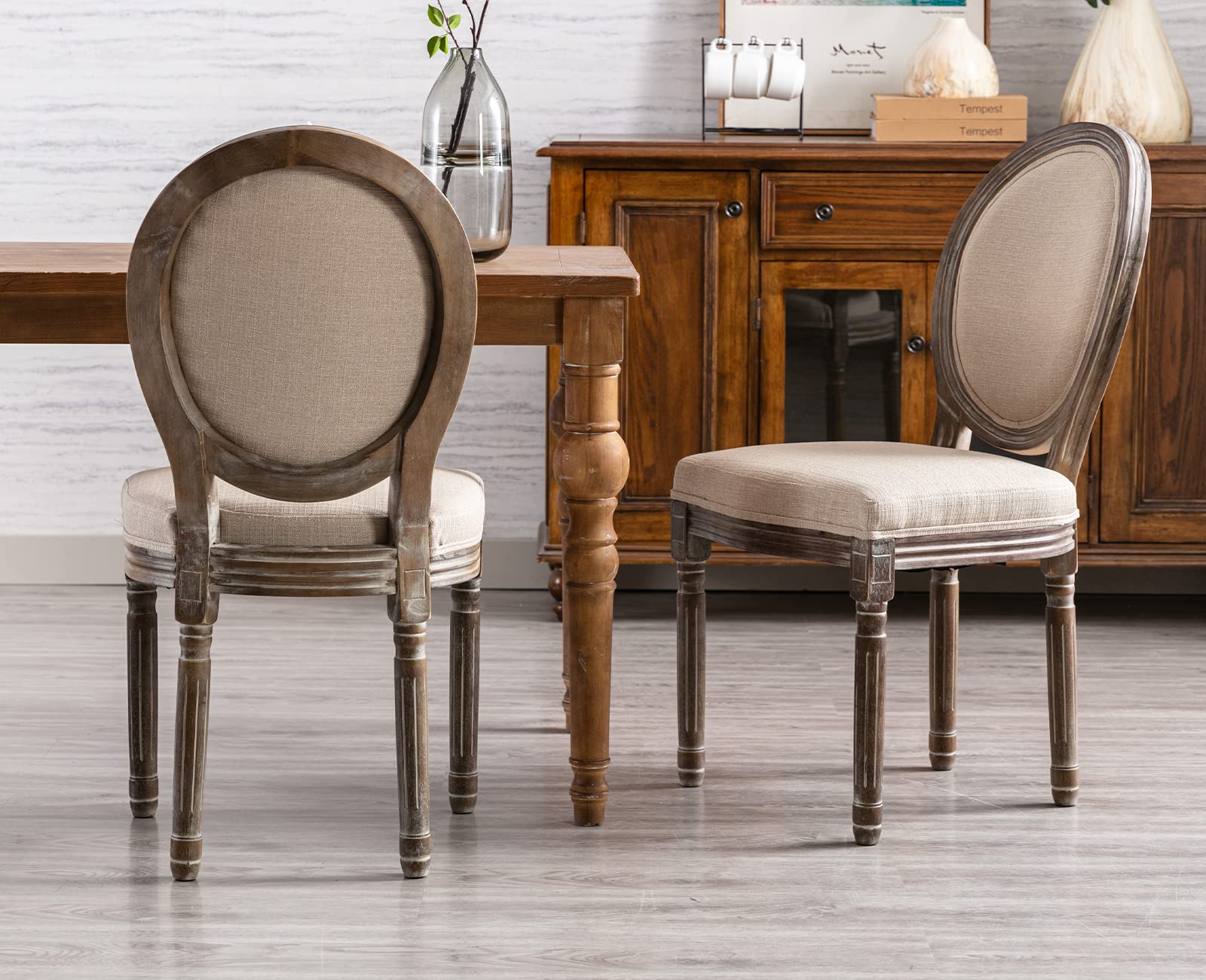 Kmax Farmhouse Dining Room Chairs, Brown Wood Legs Elegant Tufted Kitchen Chairs, French Distressed Bedroom Chairs with Round Back, Set of 8, Beige