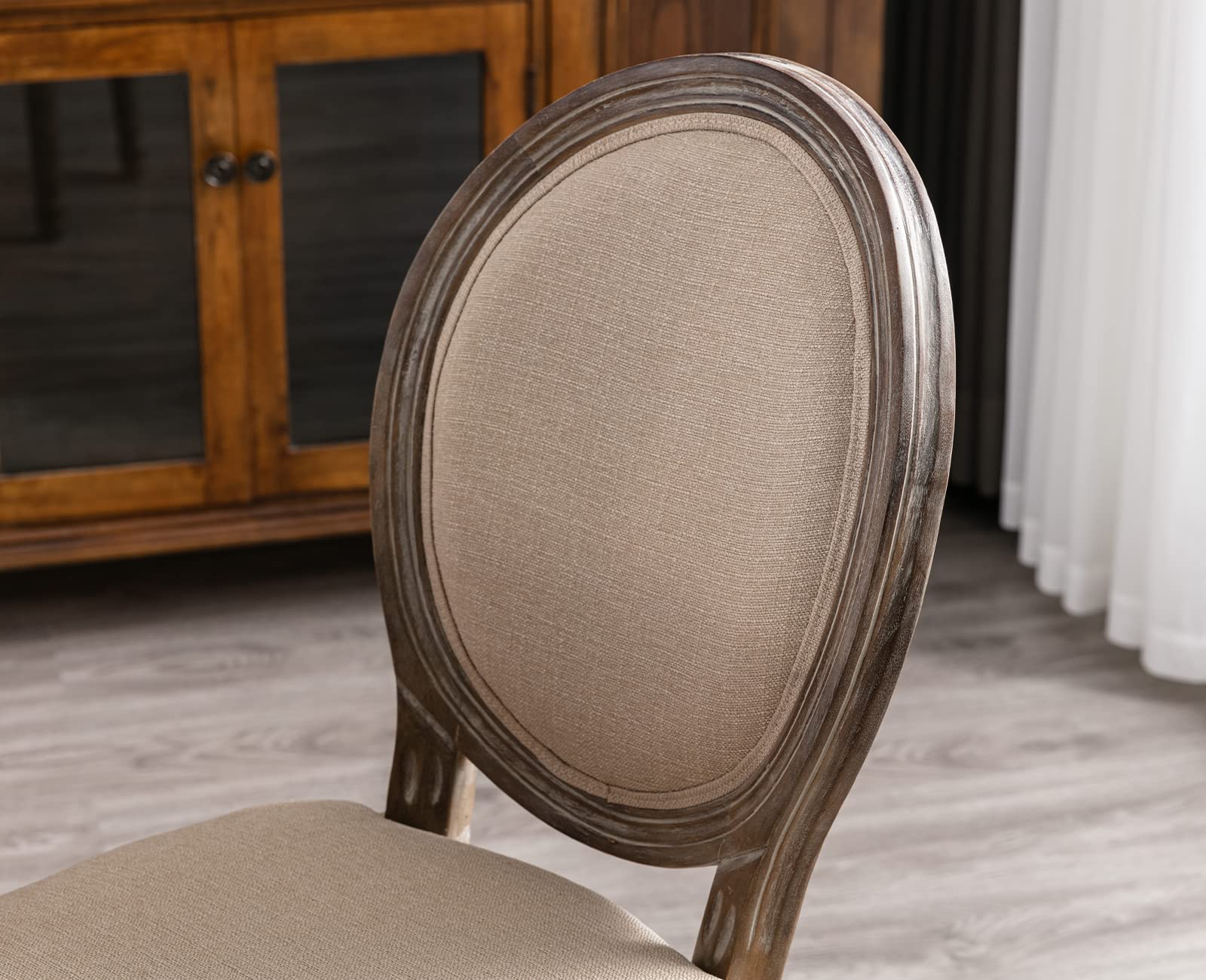 Kmax Farmhouse Dining Room Chairs, Brown Wood Legs Elegant Tufted Kitchen Chairs, French Distressed Bedroom Chairs with Round Back, Set of 8, Beige