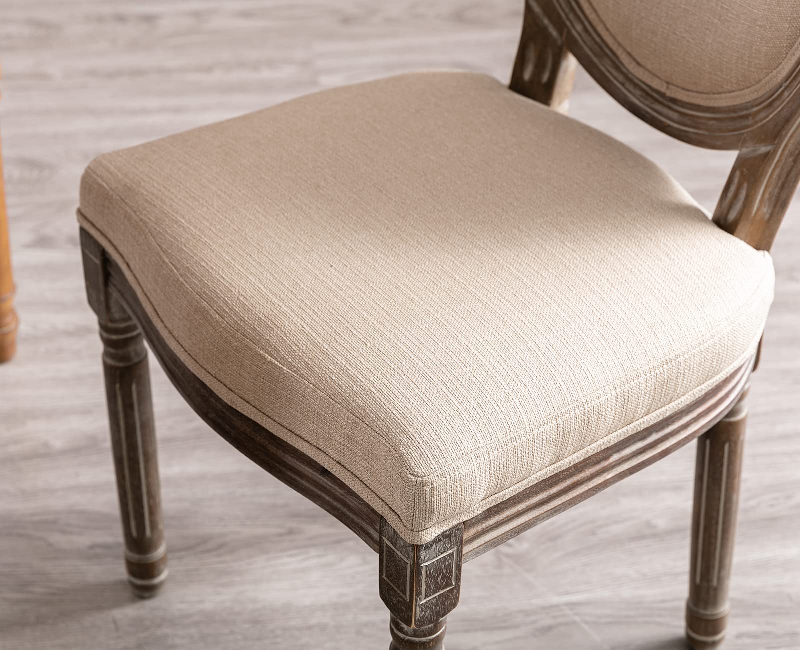 Kmax Farmhouse Dining Room Chairs, Brown Wood Legs Elegant Tufted Kitchen Chairs, French Distressed Bedroom Chairs with Round Back, Set of 8, Beige