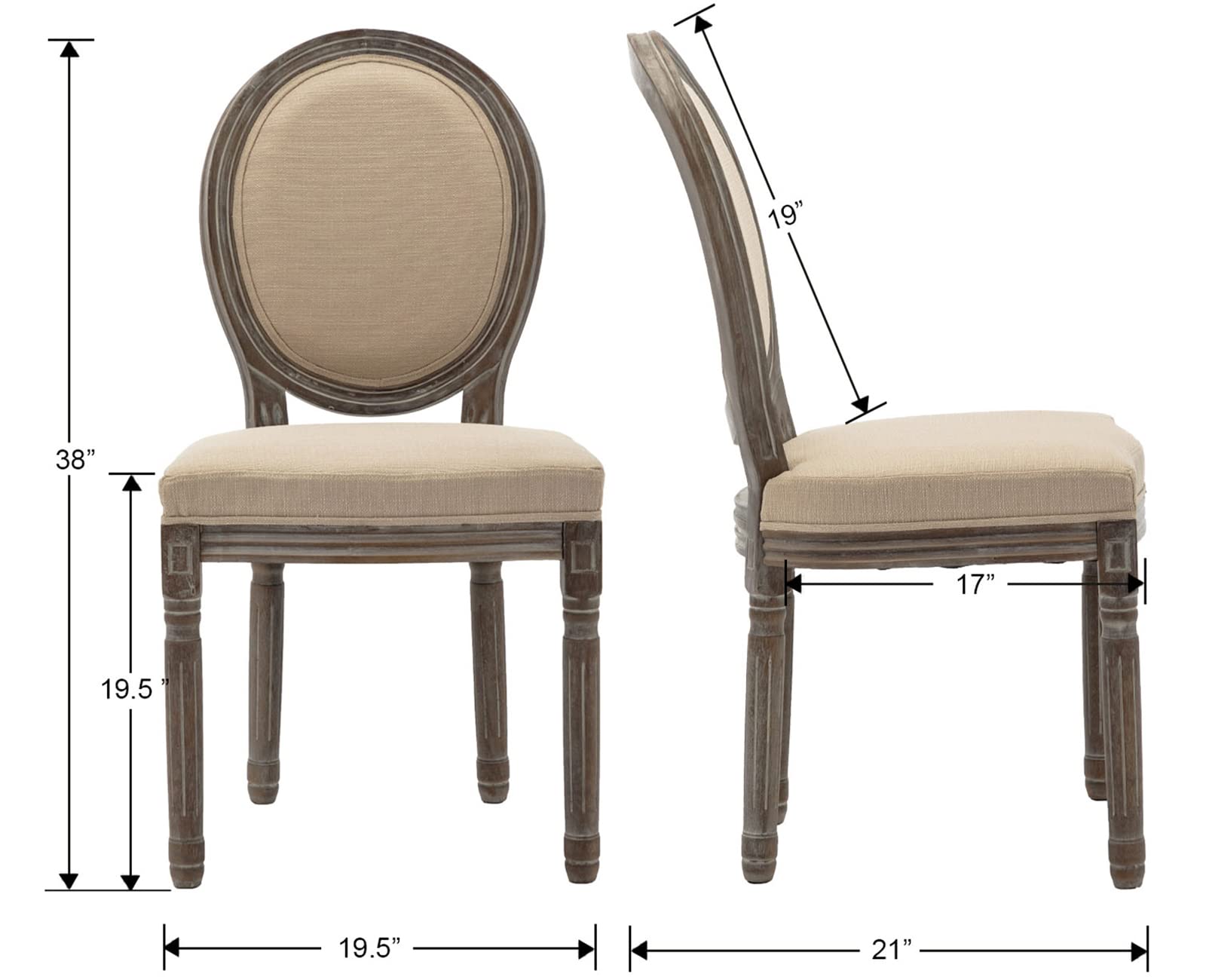 Kmax Farmhouse Dining Room Chairs, Brown Wood Legs Elegant Tufted Kitchen Chairs, French Distressed Bedroom Chairs with Round Back, Set of 8, Beige