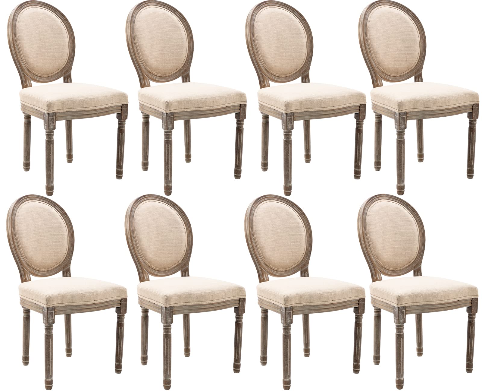 Kmax Farmhouse Dining Room Chairs, Brown Wood Legs Elegant Tufted Kitchen Chairs, French Distressed Bedroom Chairs with Round Back, Set of 8, Beige