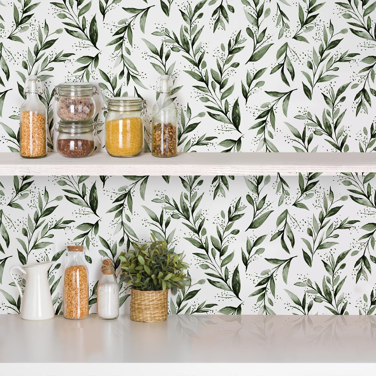 Erfoni Leaf Peel and Stick Wallpaper Green Contact Paper 17.7"x 118.1" Green Leaves Self Adhesive Wallpaper Removable Wallpaper for Cabinets Decor