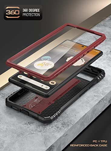 Poetic Revolution Series Case for Google Pixel 6A 5G, Built-in Screen Protector Work with Fingerprint ID, Full Body Rugged Shockproof Protective Cover Case with Kickstand, Maroon Red