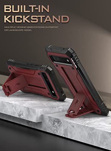 Poetic Revolution Series Case for Google Pixel 6A 5G, Built-in Screen Protector Work with Fingerprint ID, Full Body Rugged Shockproof Protective Cover Case with Kickstand, Maroon Red
