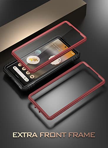 Poetic Revolution Series Case for Google Pixel 6A 5G, Built-in Screen Protector Work with Fingerprint ID, Full Body Rugged Shockproof Protective Cover Case with Kickstand, Maroon Red