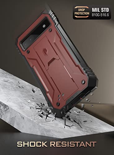Poetic Revolution Series Case for Google Pixel 6A 5G, Built-in Screen Protector Work with Fingerprint ID, Full Body Rugged Shockproof Protective Cover Case with Kickstand, Maroon Red