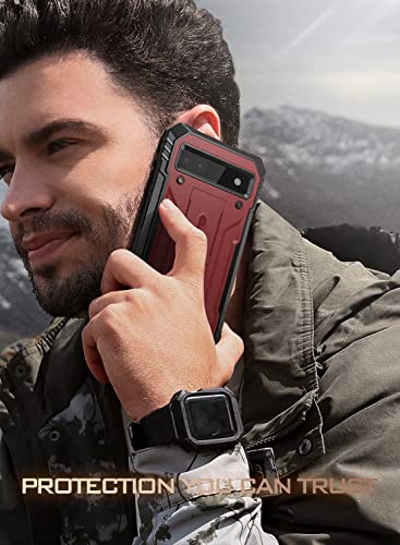 Poetic Revolution Series Case for Google Pixel 6A 5G, Built-in Screen Protector Work with Fingerprint ID, Full Body Rugged Shockproof Protective Cover Case with Kickstand, Maroon Red