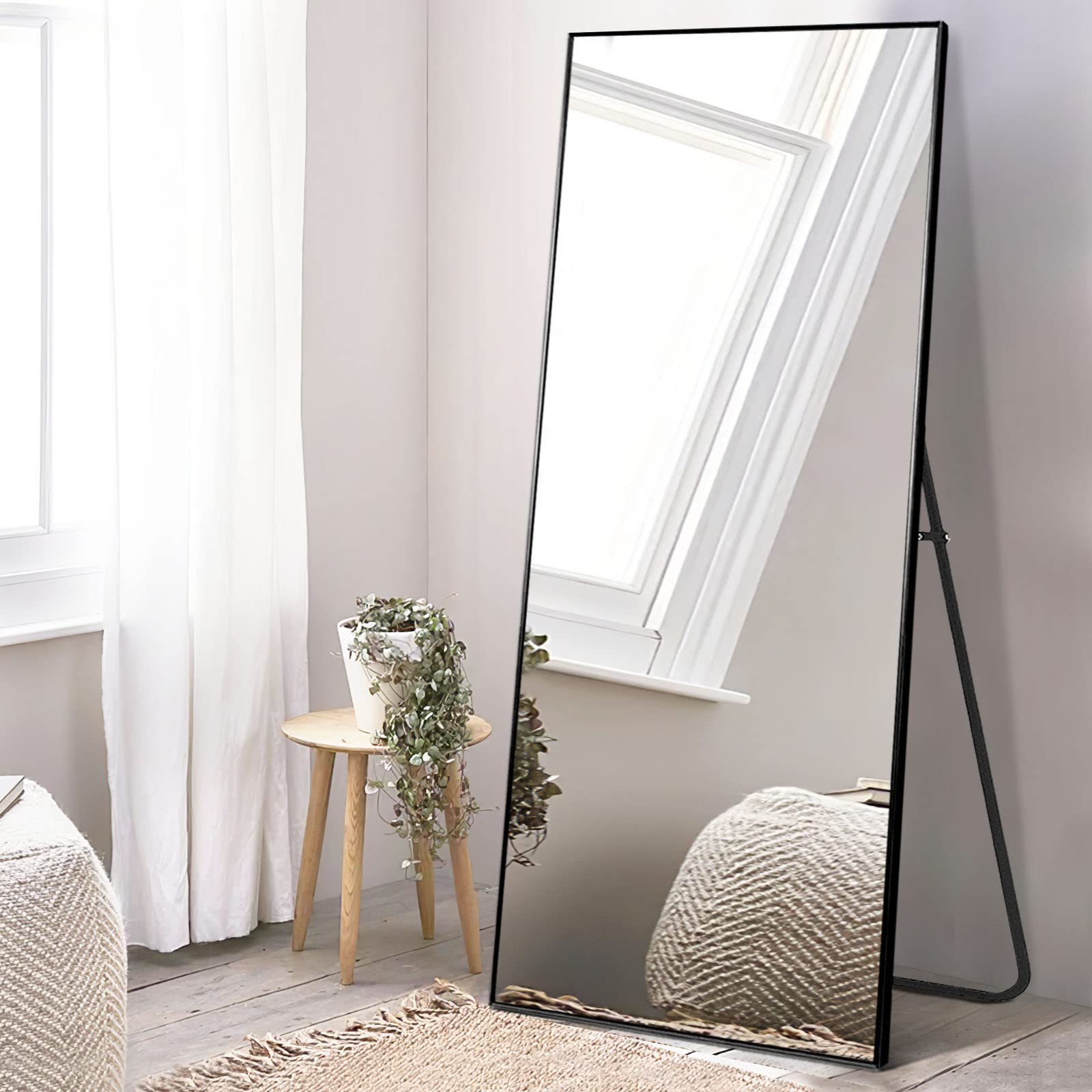 poshions Full Length Mirror 65''×22''Wall Mounted Mirror Free Standing Mirror with a Stand,Full Body Mirror Dressing Mirror with Aluminum Alloy Thin Frame,Black
