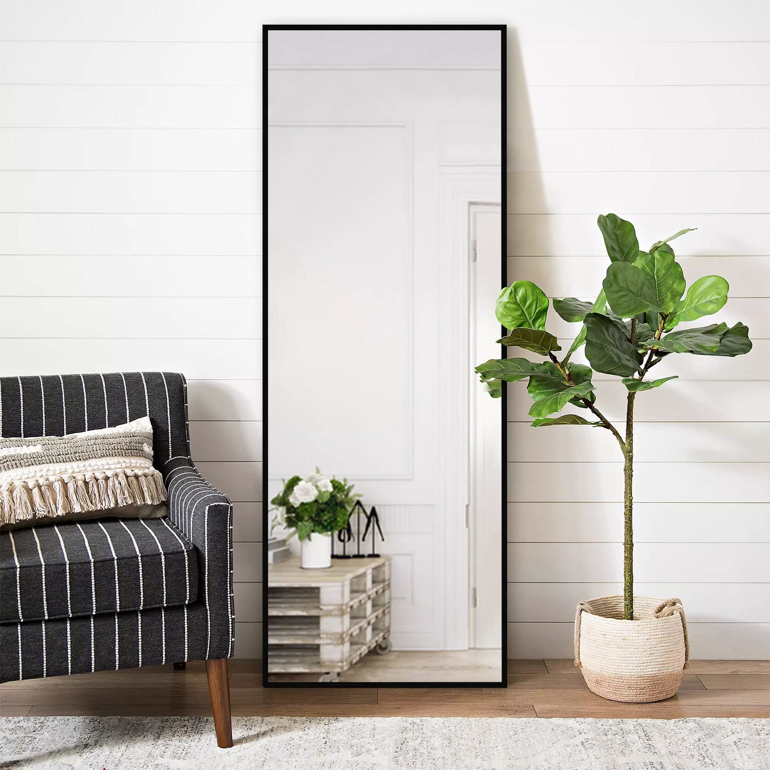 poshions Full Length Mirror 65''×22''Wall Mounted Mirror Free Standing Mirror with a Stand,Full Body Mirror Dressing Mirror with Aluminum Alloy Thin Frame,Black