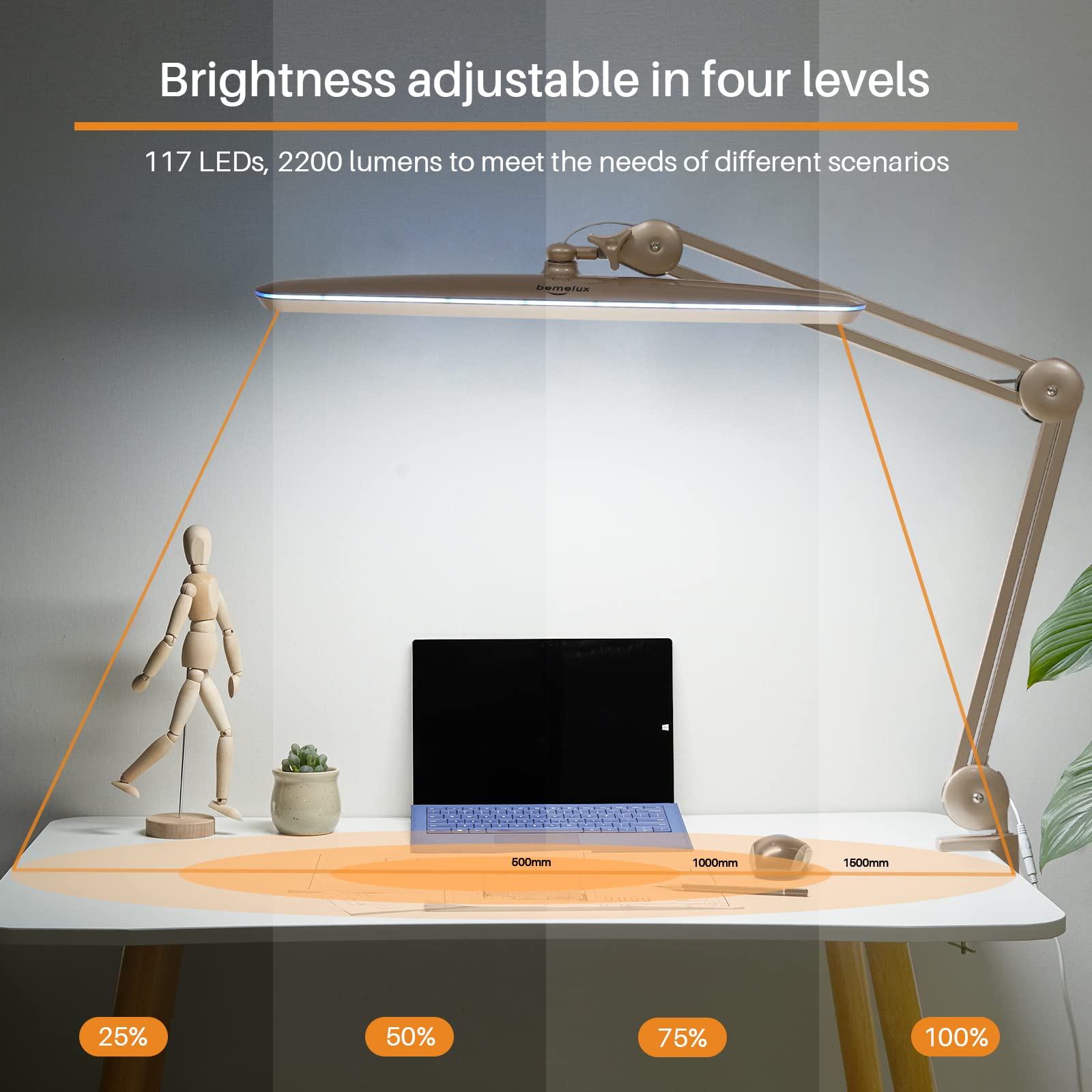bemelux Task Lamp with Clamp, Bright 117PCS LEDs, Metal Swing Arm 24W 2200 Lumen Dimmable Led Desk Lamp for Architect Home Office Study Reading Dorm Workbench Craft, 23 Inch Lamp Head Work Lamp