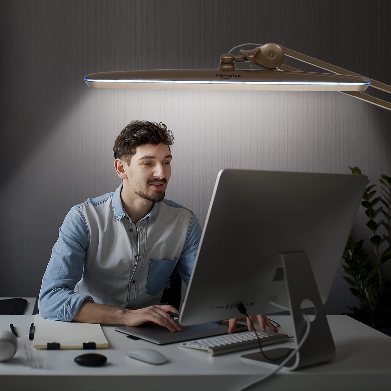 bemelux Task Lamp with Clamp, Bright 117PCS LEDs, Metal Swing Arm 24W 2200 Lumen Dimmable Led Desk Lamp for Architect Home Office Study Reading Dorm Workbench Craft, 23 Inch Lamp Head Work Lamp