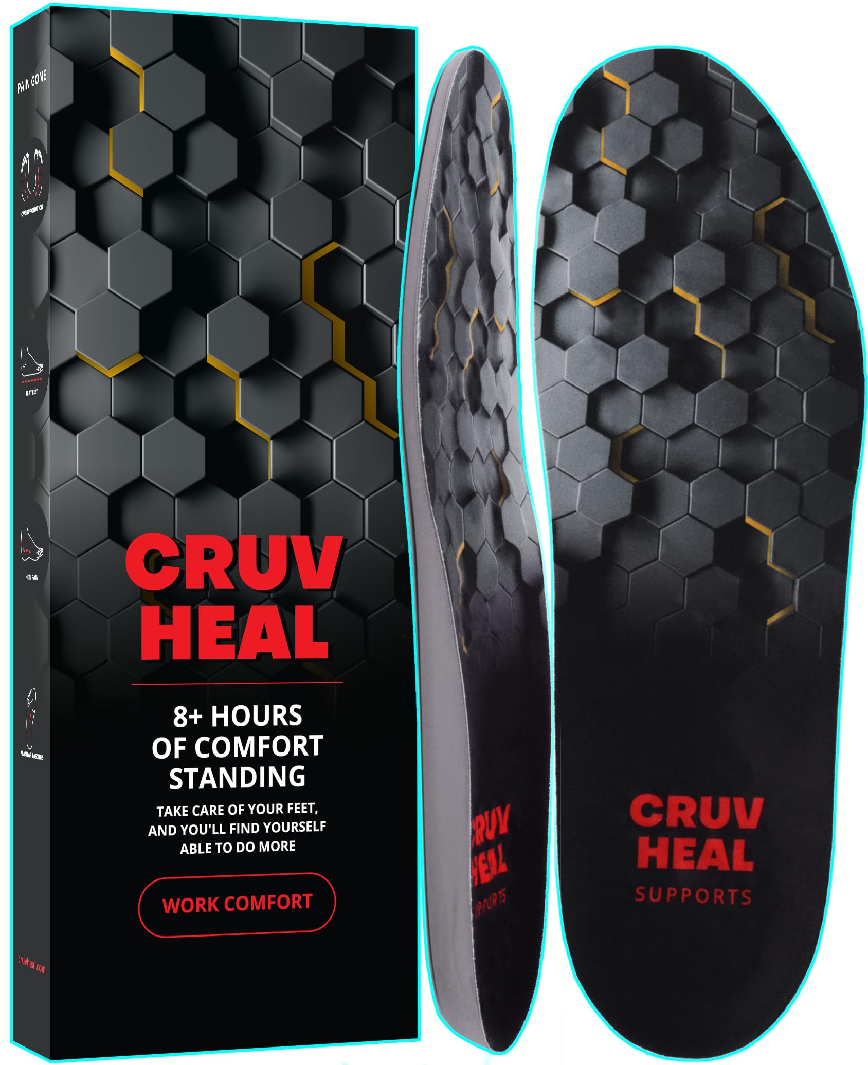 (New) Work Comfort Orthotic Insoles - Anti Fatigue Shoe Insert Men Women - Low Arch Support - Shock Absorption - Foot Pain Relief - Work Boot Insoles (Black Hexagons, XL)