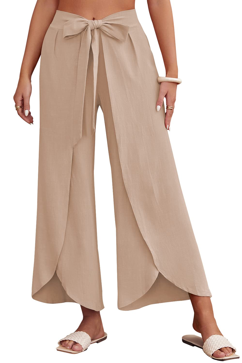 ReachMe Womens Casual Palazzo High Waisted Flowy Wide Leg Pants Bowtie Front Split Wrap Pants Trousers(1 Beige,XL)