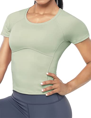 Workout Crop Tops for Women Short Workout Shirts for Running Gym Yoga Athletic Exercise Green