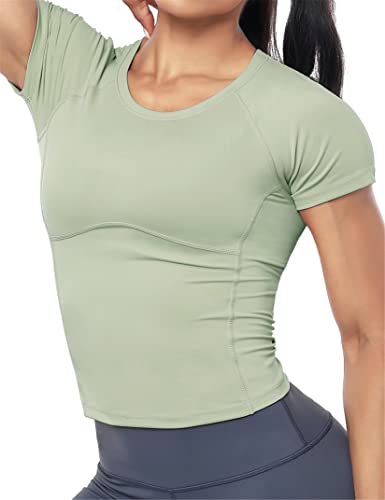 Workout Crop Tops for Women Short Workout Shirts for Running Gym Yoga Athletic Exercise Green