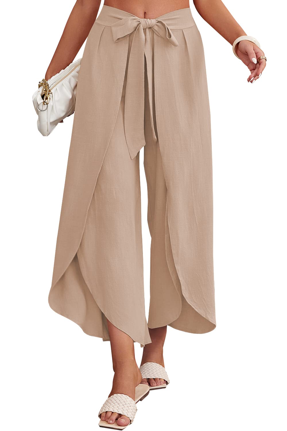 ReachMe Womens Casual Palazzo High Waisted Flowy Wide Leg Pants Bowtie Front Split Wrap Pants Trousers(1 Beige,XL)