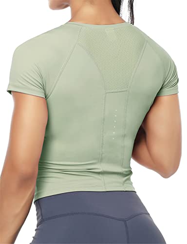 Workout Crop Tops for Women Short Workout Shirts for Running Gym Yoga Athletic Exercise Green