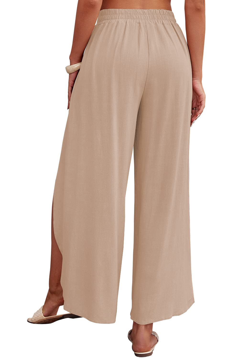 ReachMe Womens Casual Palazzo High Waisted Flowy Wide Leg Pants Bowtie Front Split Wrap Pants Trousers(1 Beige,XL)