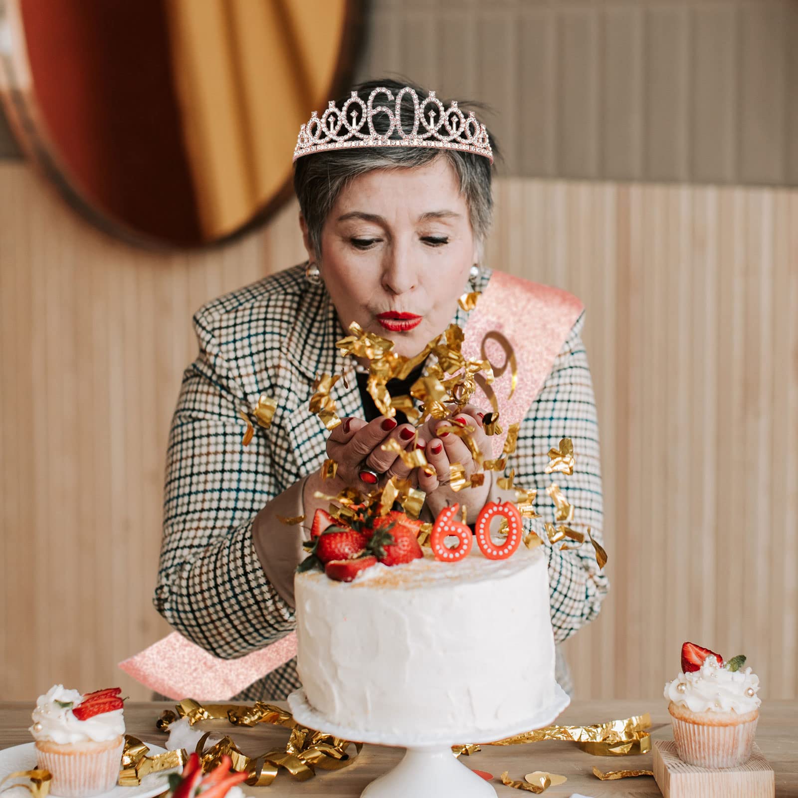 60th Birthday Sash and Tiara for Women, Rose Gold 60th Birthday Decoration Set with Crown and '60 & Fabulous' Sash 60th Birthday Decorations for Woman