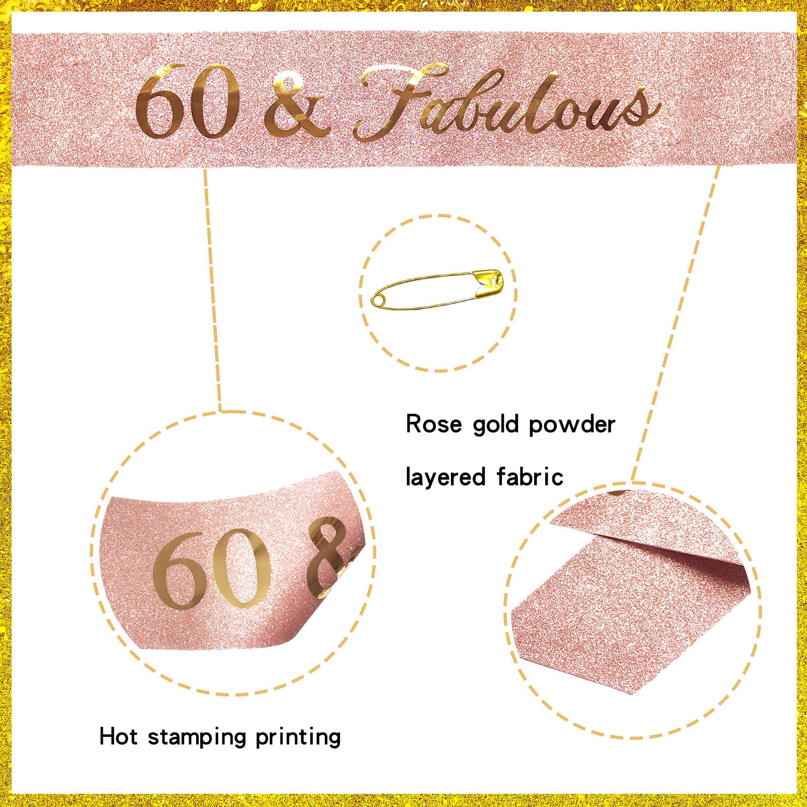 60th Birthday Sash and Tiara for Women, Rose Gold 60th Birthday Decoration Set with Crown and '60 & Fabulous' Sash 60th Birthday Decorations for Woman