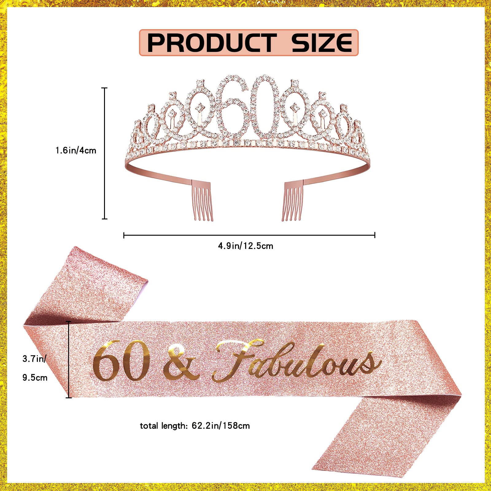 60th Birthday Sash and Tiara for Women, Rose Gold 60th Birthday Decoration Set with Crown and '60 & Fabulous' Sash 60th Birthday Decorations for Woman