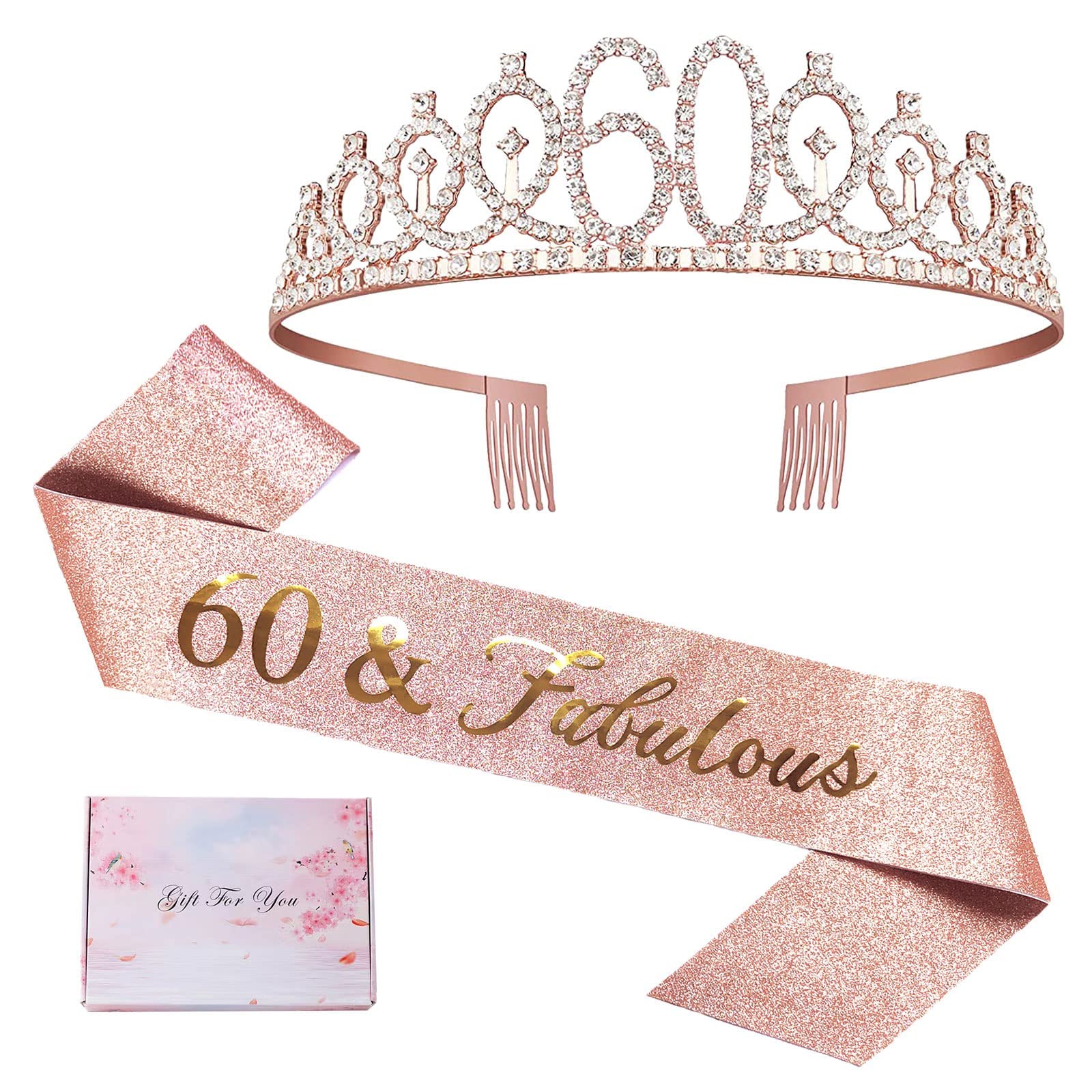 60th Birthday Sash and Tiara for Women, Rose Gold 60th Birthday Decoration Set with Crown and '60 & Fabulous' Sash 60th Birthday Decorations for Woman