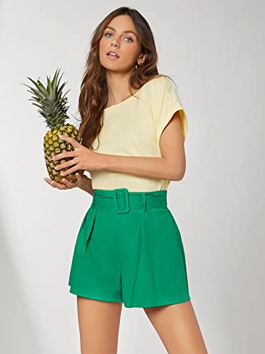 Floerns Women's Solid Elastic High Waist Buckle Belted Wide Leg Shorts Green M