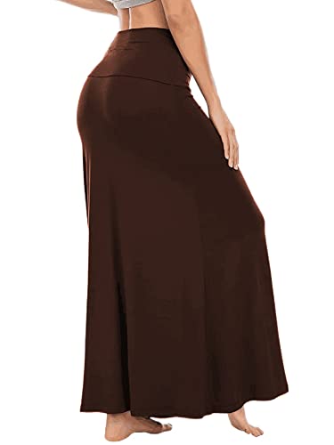 LYANER Women's Casual High Waist Solid Flare Long Maxi Skirt Brown Medium